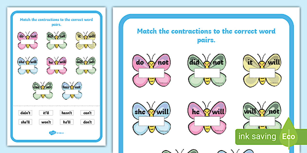 Cursive Contractions Butterfly Worksheets (teacher made)