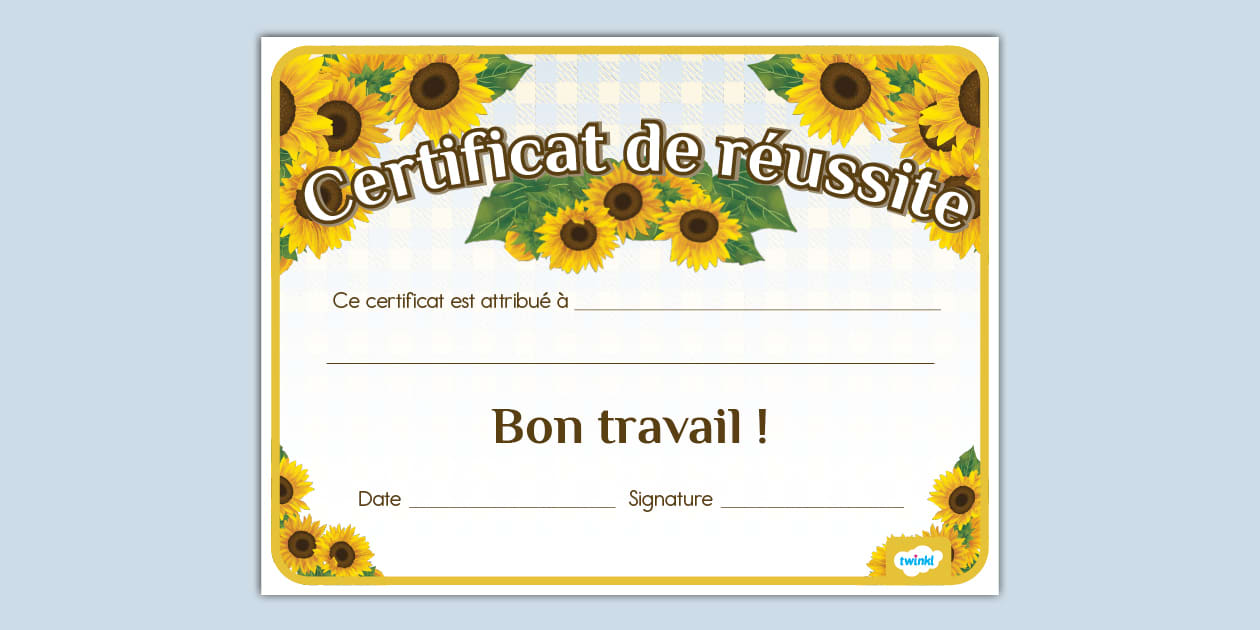 Certificat : Certificat de réussite sur le thème du tournesol