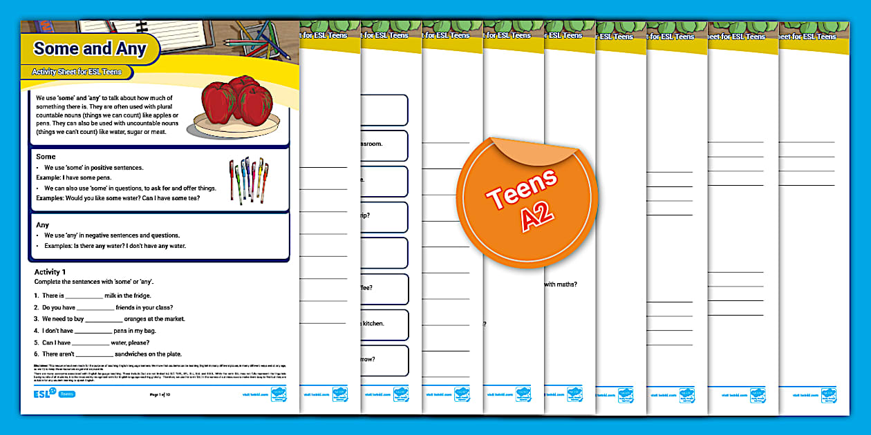 ESL Some and Any Activity Sheet for Teens (teacher made)