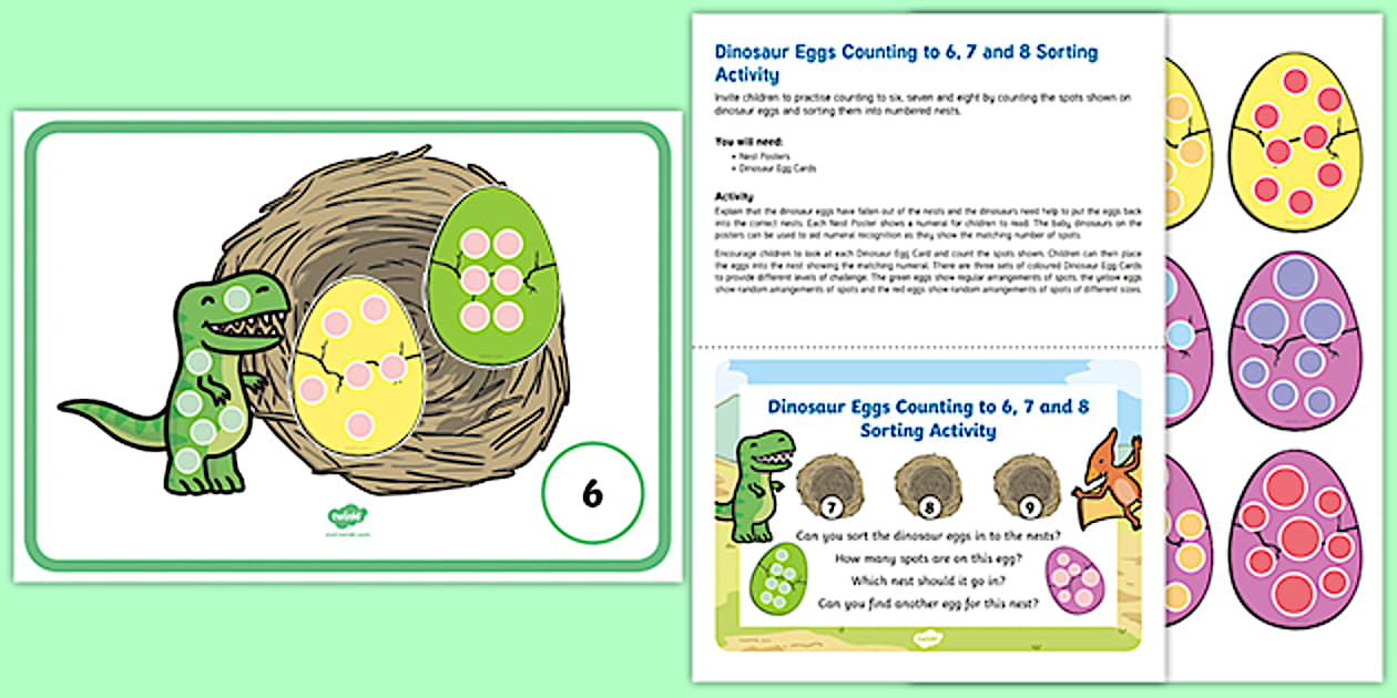 👉 Dinosaur Eggs Counting to 6, 7 and 8 Sorting Activity