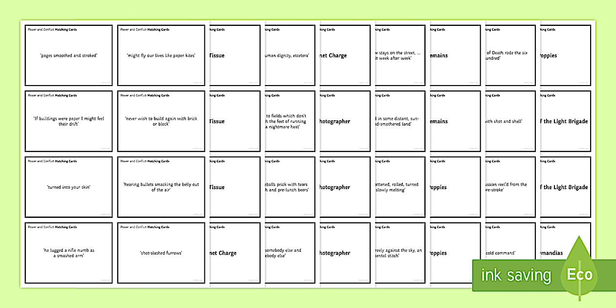 GCSE Power and Conflict Poems Quotation Matching Cards