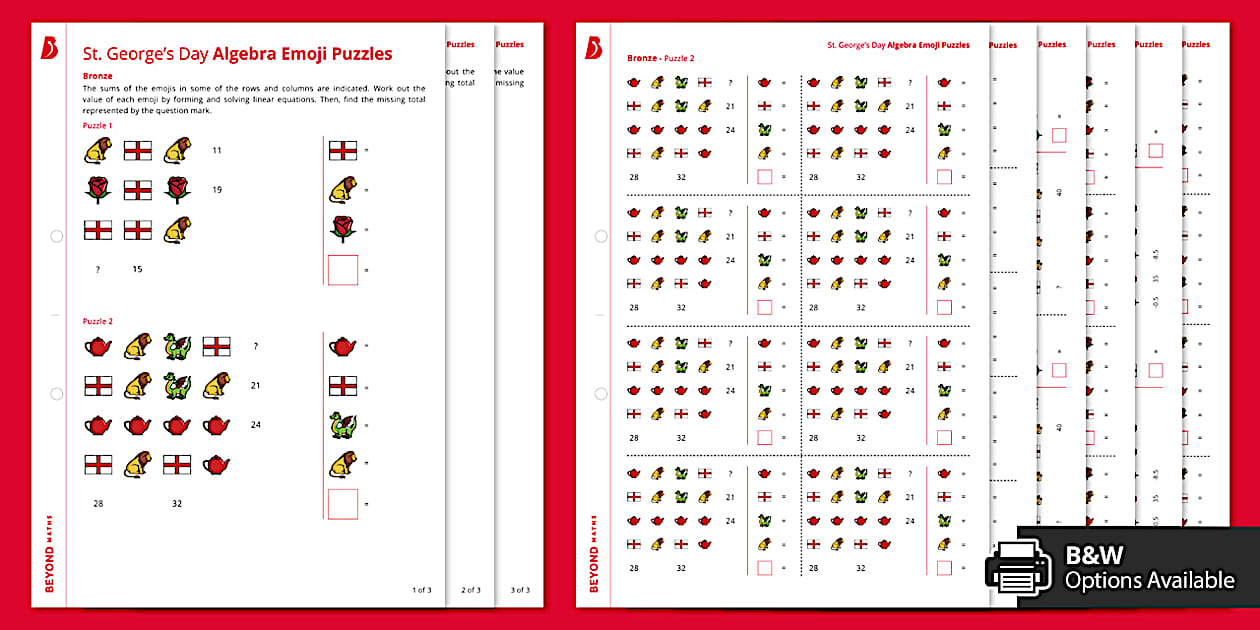 👉 😊 St. George's Day Algebra Emoji Puzzles - Twinkl