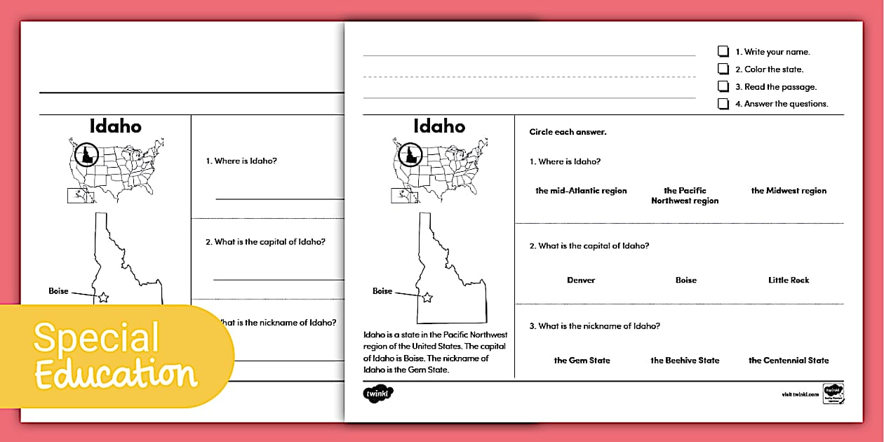 Idaho State Report Worksheet for Special Education - Twinkl