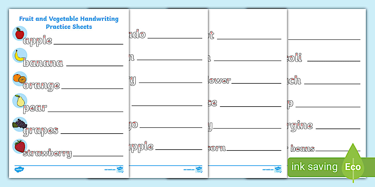 Fruit and Vegetable Handwriting Practice Sheets - Twinkl