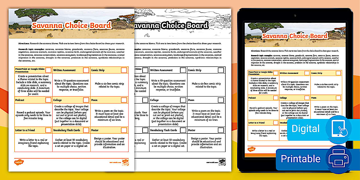 Savanna Biome Choice Board for 6th-8th Grade (Teacher-Made)