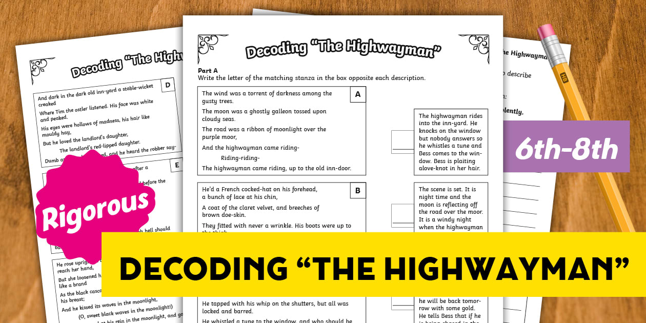 Decoding The Highwayman Poem Worksheet for 6th-8th Grade
