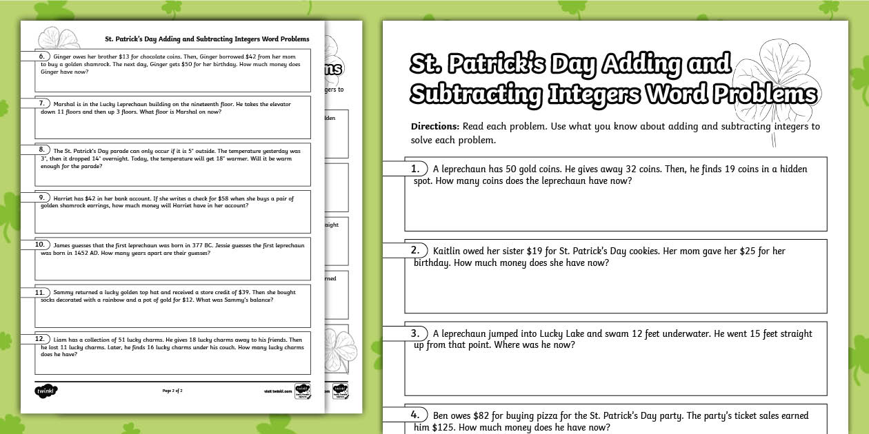 St. Patrick's Day Adding and Subtracting Integers - Twinkl