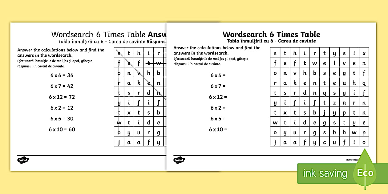 Multiplication 6 Times Tables Word Search Worksheet / Worksheet
