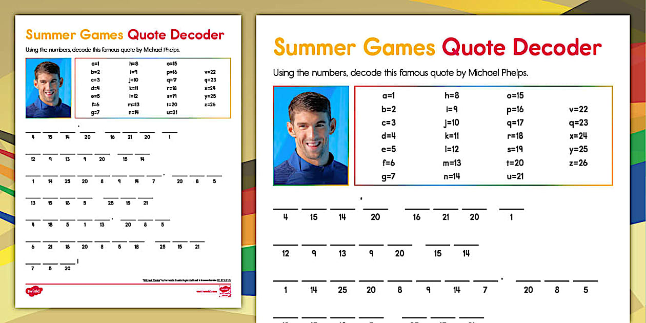 Summer Games Quote Decoder Activity Worksheet for K-2nd Grade