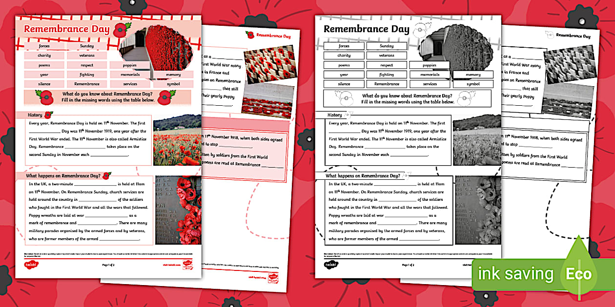 Remembrance Day Cloze Worksheet (teacher made) - Twinkl