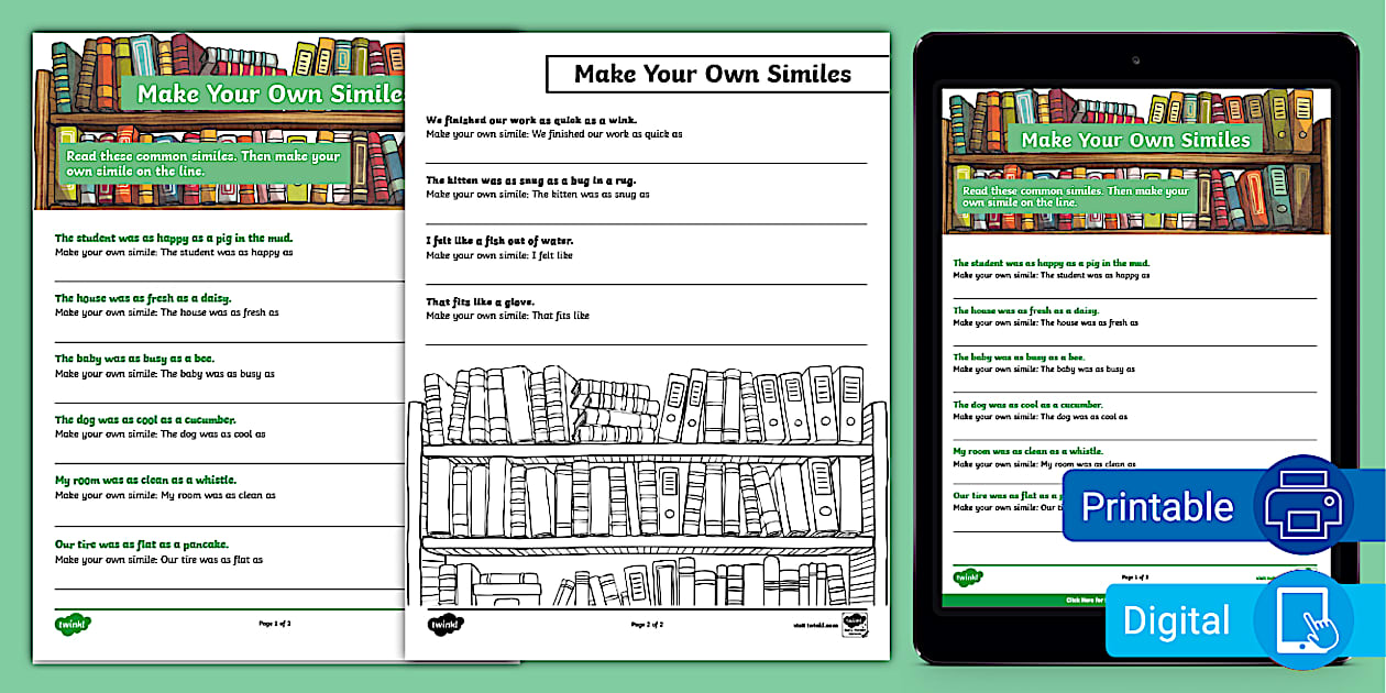 Make Your Own Similes Worksheet for 3rd-5th Grade - Twinkl