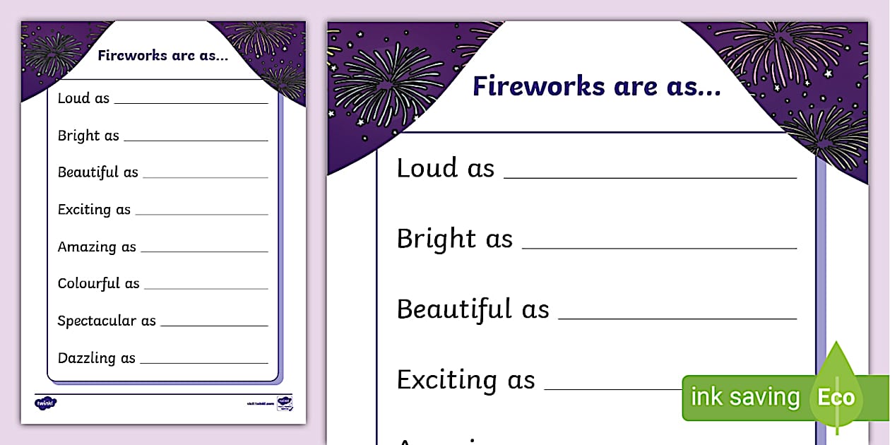 Fireworks Simile Poem Template, Fireworks, Bonfire Night