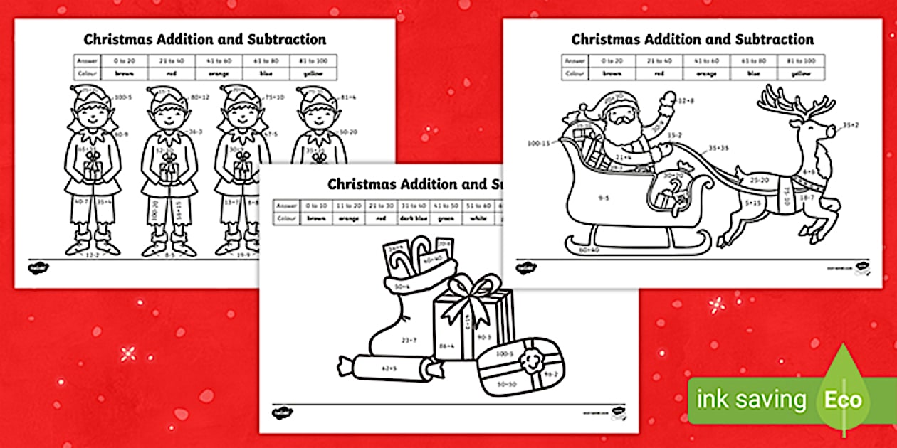 Christmas Addition and Subtraction to 100 Colour by Number