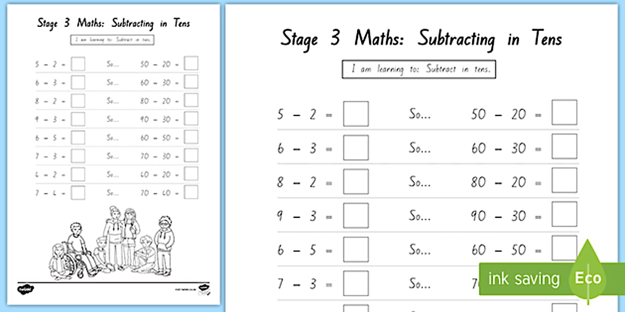 Stage 3 Maths Subtracting in Tens Worksheet - Twinkl