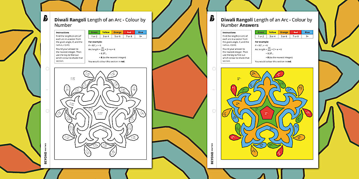 👉 Diwali Rangoli Length of an Arc Colour by Number