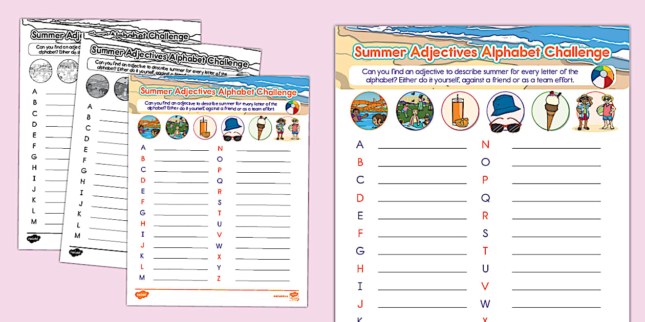 Summer Adjectives Alphabet Challenge Worksheet - Twinkl