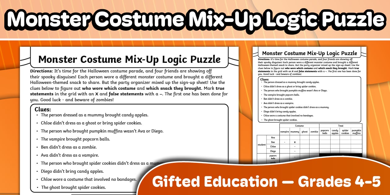 Halloween Monster Costume Mix-Up Logic Puzzle for Gifted Ed