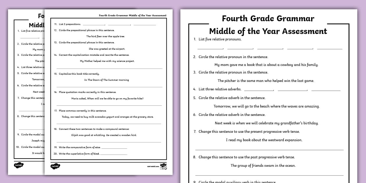 Fourth Grade Middle of the Year ELA Grammar Assessment