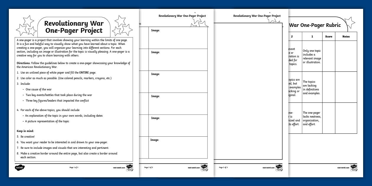 Revolutionary War One-Pager Project for 6th-8th Grade