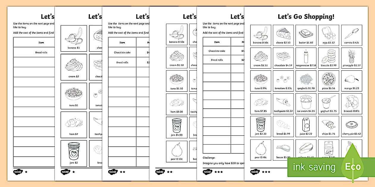 Editable Shopping List Differentiated Worksheets - Twinkl