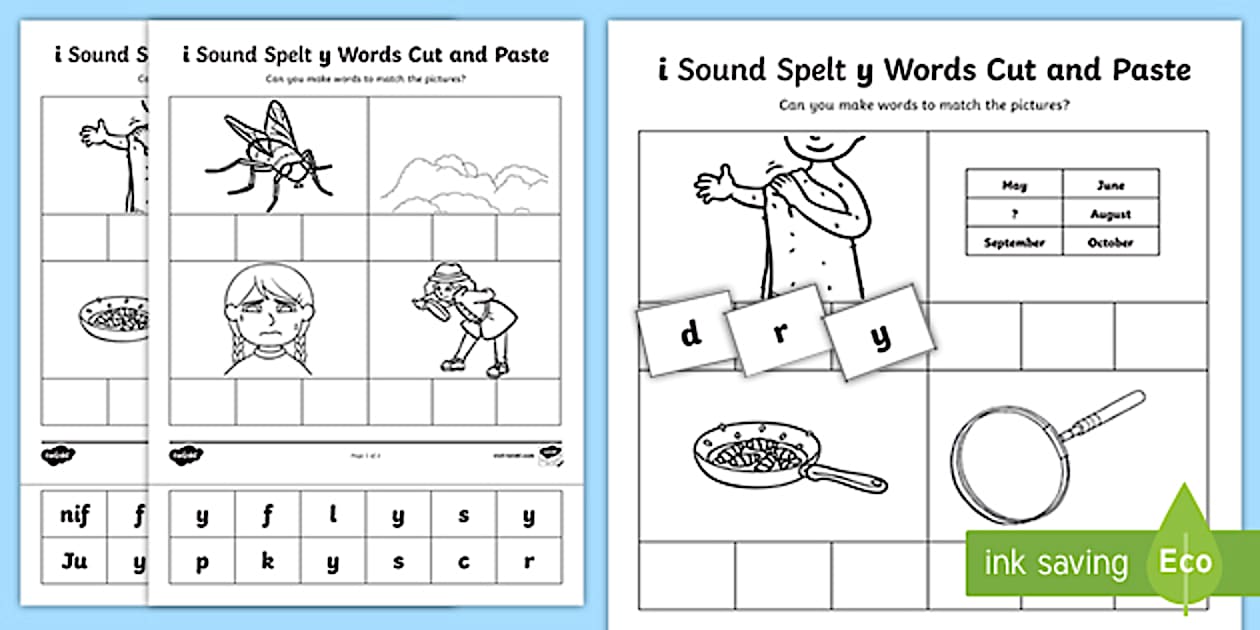 'i' Sound Spelt 'y' Cut and Stick Worksheet - Twinkl