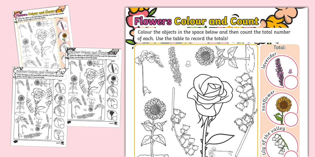 Flowers Colour and Count Worksheet (teacher made) - Twinkl
