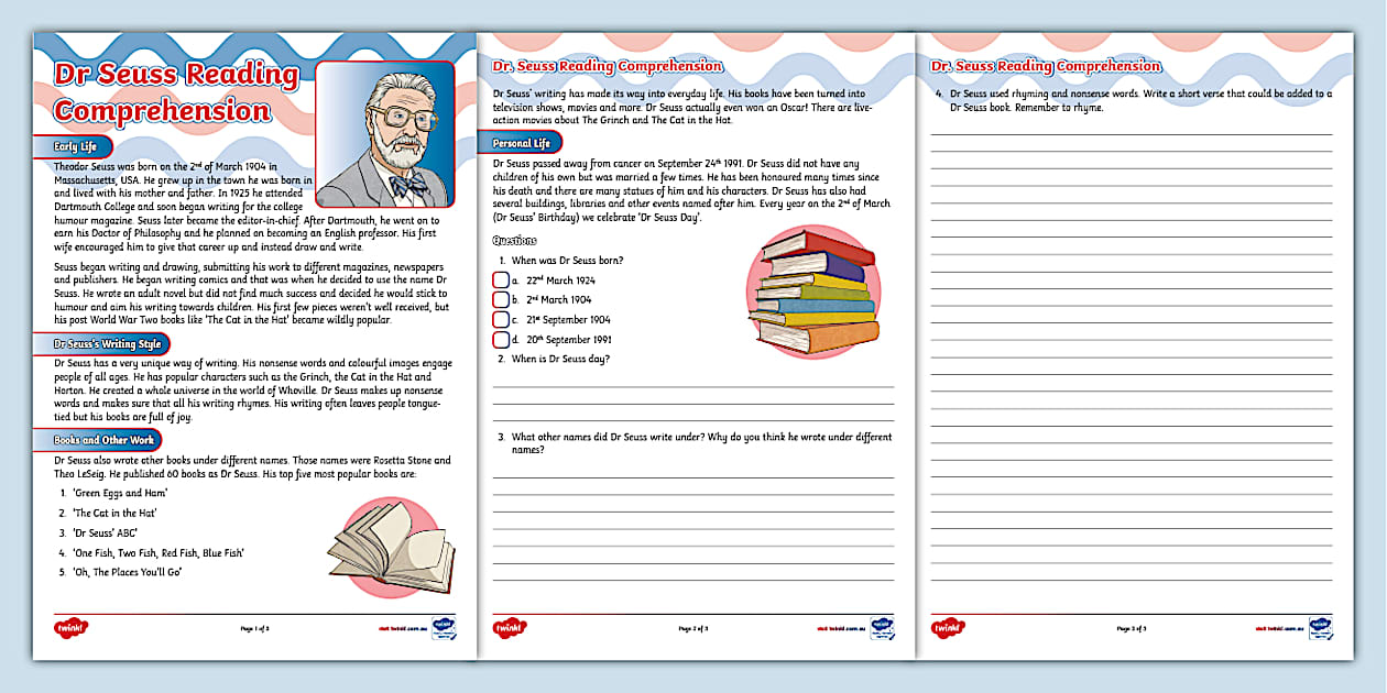 Dr Seuss Reading Comprehension (professor feito) - Twinkl