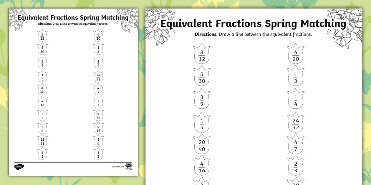 Third Grade Equivalent Fractions Spring Matching Worksheet