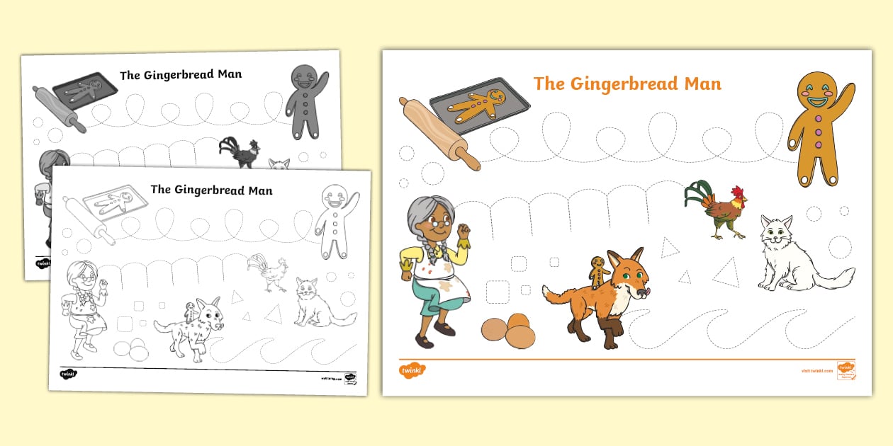The Gingerbread Man Scene Pencil Control Worksheet - Twinkl