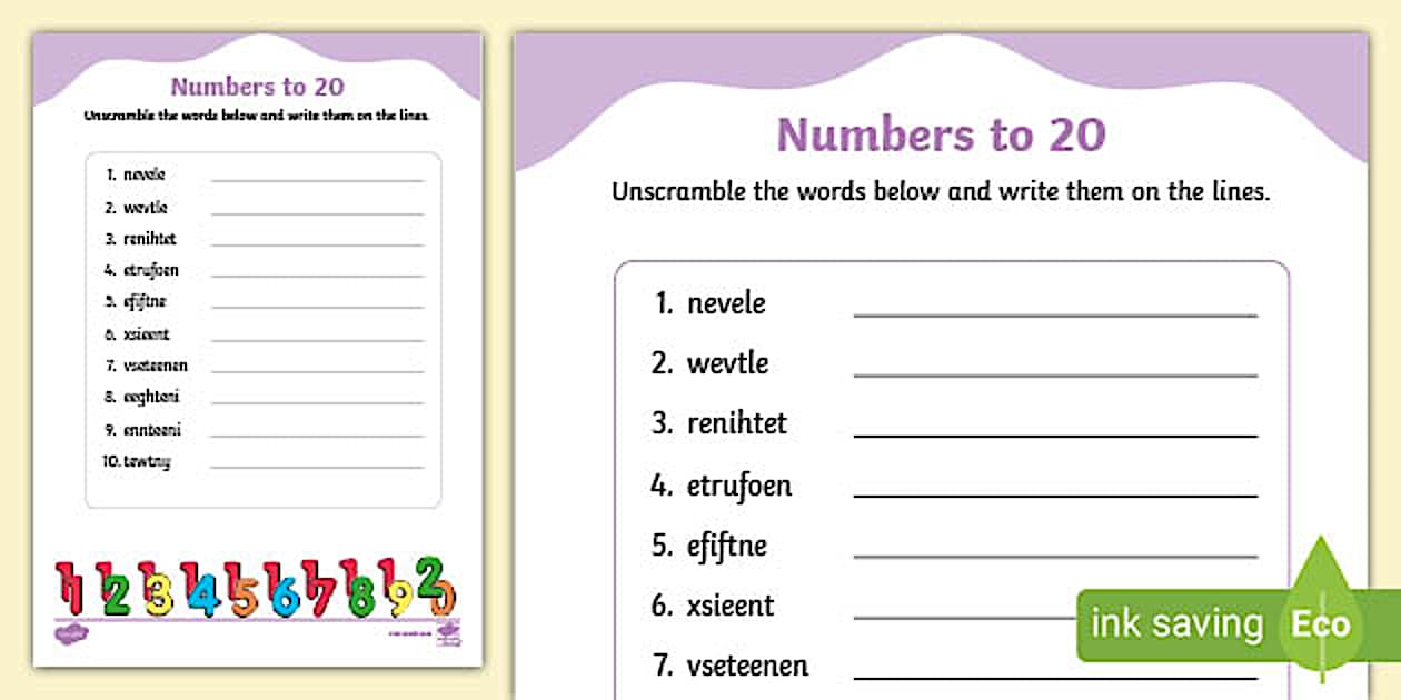 👉 Numbers Eleven to Twenty Word Unscramble (teacher made)