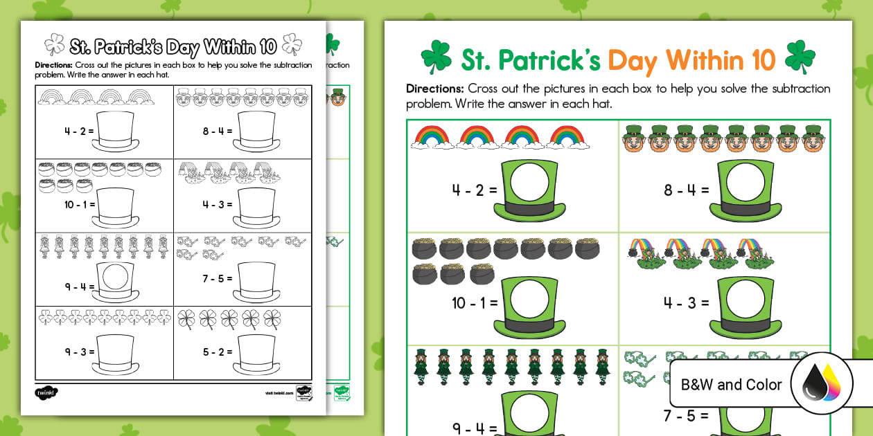 Kindergarten St. Patrick’s Day Subtraction Within 10 Worksheet