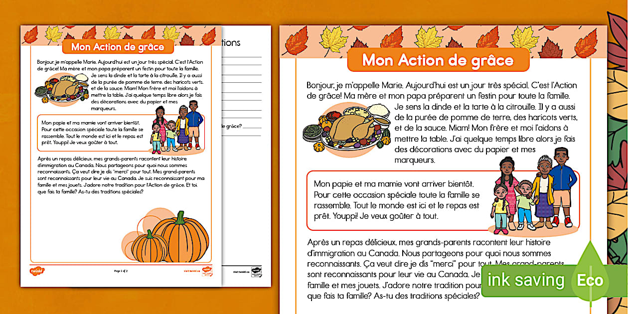 Action de Grâce | Compréhension de Lecture en Français