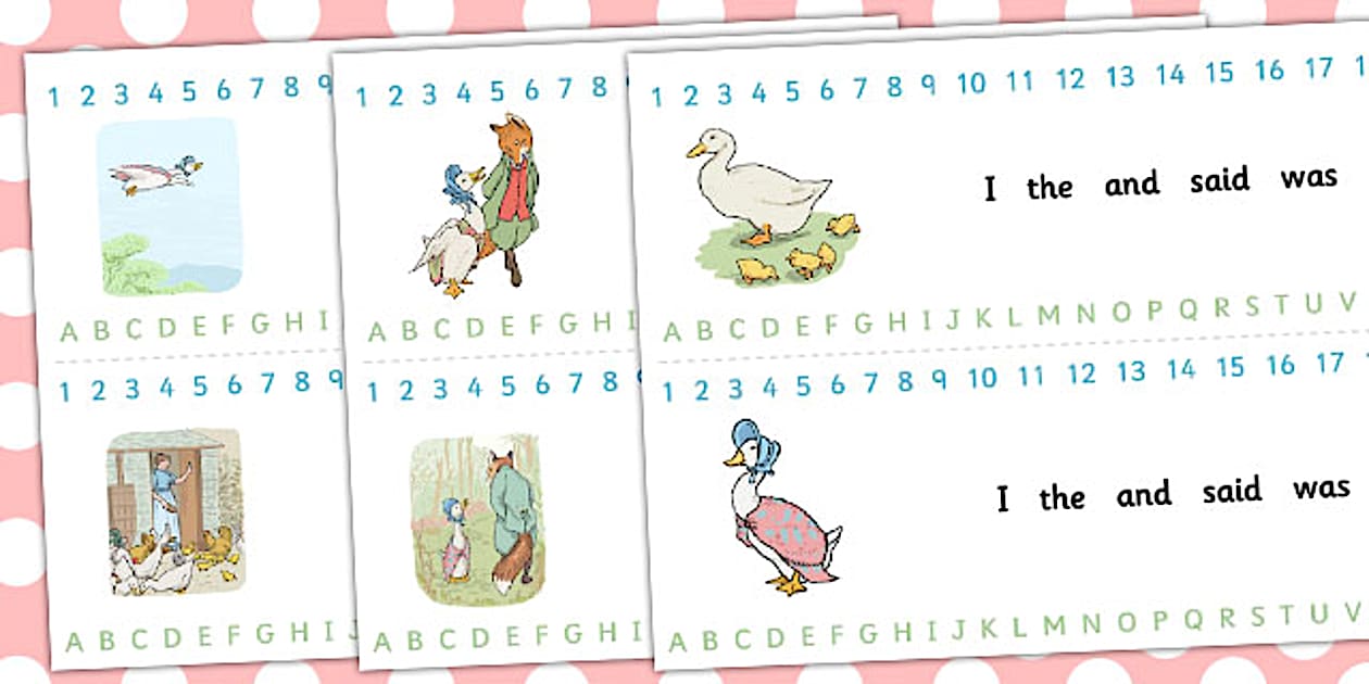 Cursive The Tale of Jemima-Puddle Duck Combined Number and Alphabet Strips