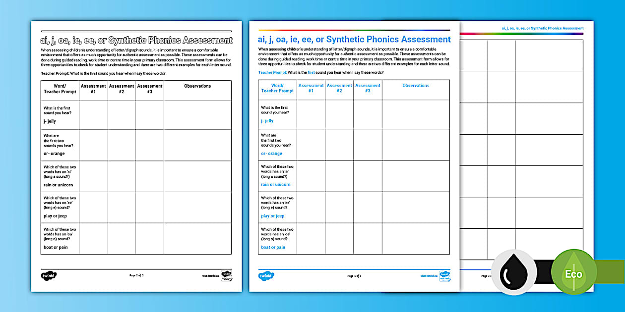 Phonics Canada: Group 4 (ai, j, oa, ie, ee, or) Synthetic Phonics Assessment