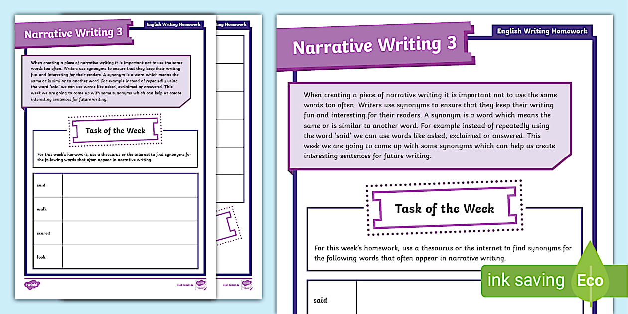 Writing Homework Narrative 3 3rd and 4th class - Twinkl
