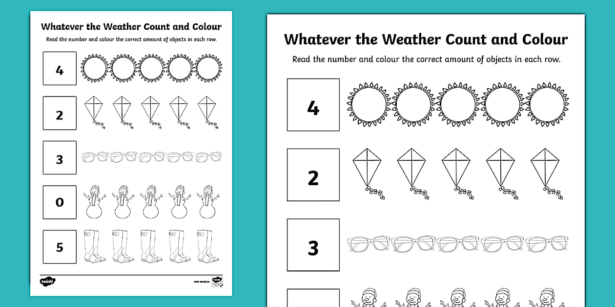 Count and colour the correct number of objects worksheet.