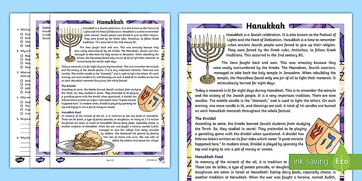 4th Grade Hanukkah Reading Comprehension PDF | Twinkl USA