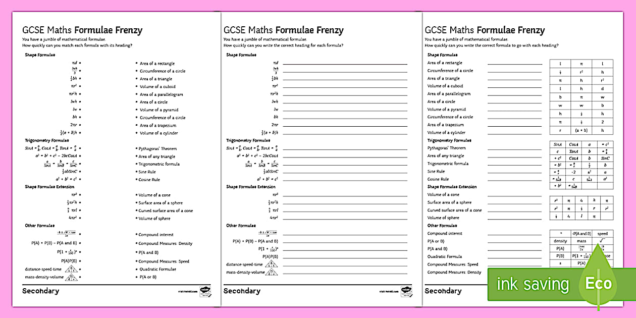 GCSE Maths Formulae Frenzy Differentiated Worksheet / Worksheet Pack