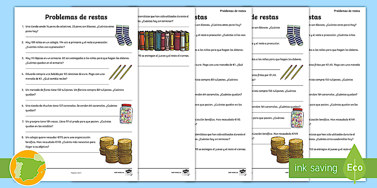 Fichas de actividad diferenciadas: Problemas de restas