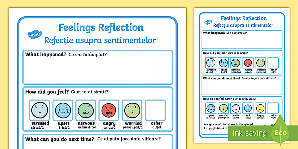 Feelings Reflection Writing Frame English Romanian - Feelings Reflection