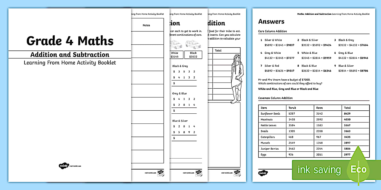 Grade 4 Maths: Addition and Subtraction Working From Home Activity Booklet