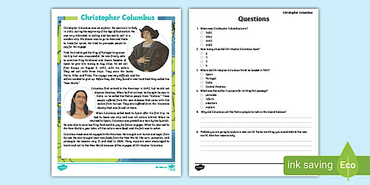 Columbus Day Reading Comprehension Worksheet | Twinkl USA