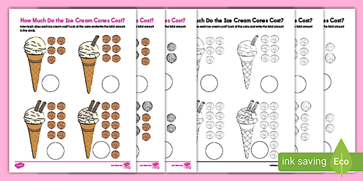Second Grade How Much Do the Ice Cream Cones Cost Worksheets