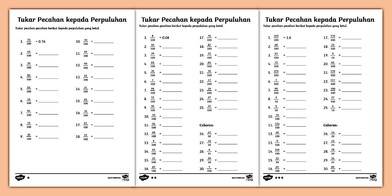 Latihan Tukarkan Pecahan kepada Perpuluhan (Lehrer gemacht)