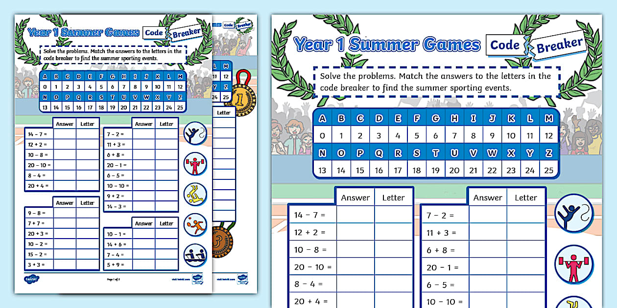 👉 Year 1 Summer Games Code Breaker (teacher made)