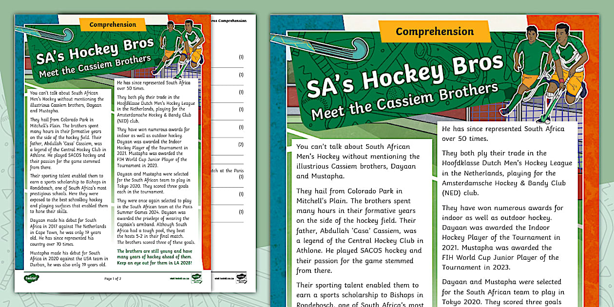 PSG24: SA's Hockey Bros: Reading Comprehension - Twinkl