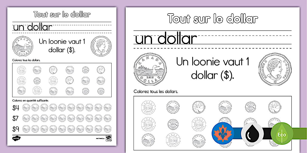 All About the Loonie Canadian Money Worksheet French