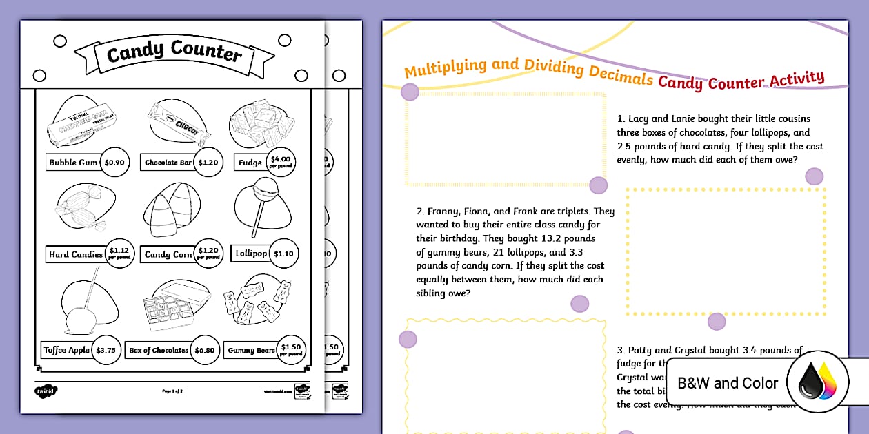 Sixth Grade Multiplying and Dividing Decimals Candy Counter Worksheet