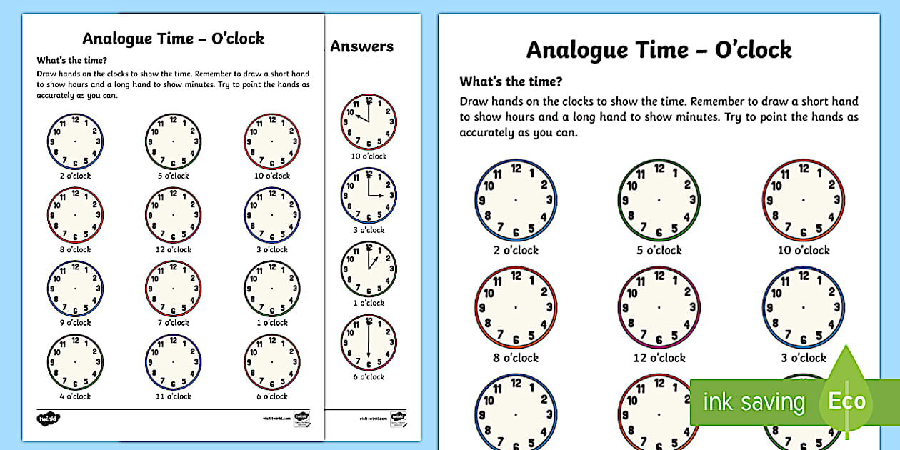 Black and White Analogue Time-O'Clock Worksheet - Twinkl