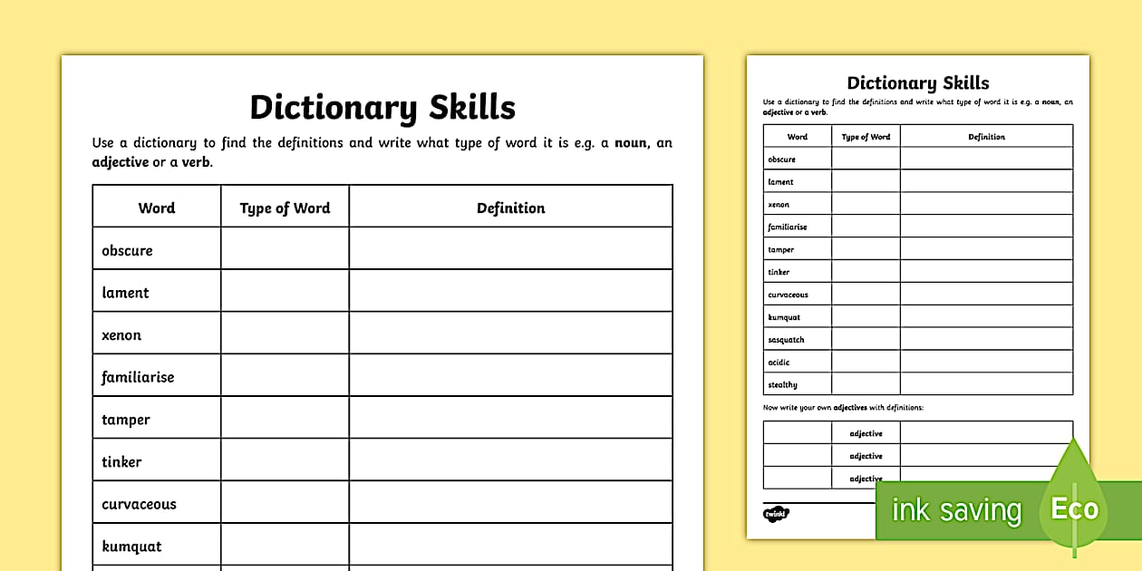 Dictionary Skills Word Table Worksheet (teacher made)